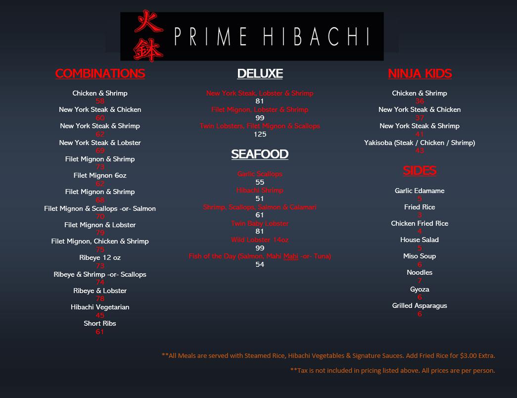 Prime Hibachi Catering Menu: